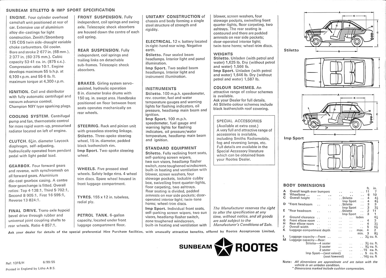 Sunbeam Imp Sport & Stiletto Car Sales Brochure 1315/H 1968 - Motormedia